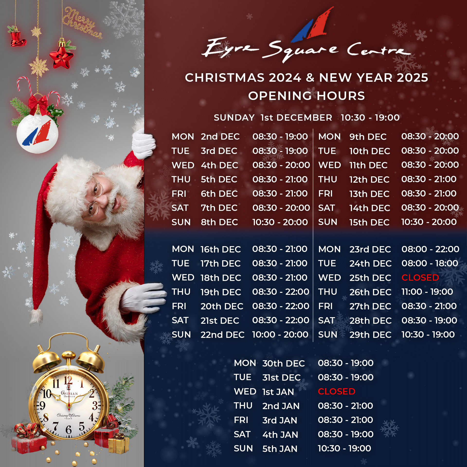 Christmas Opening Hours 2024 - Eyre Square Centre - Galway Ireland